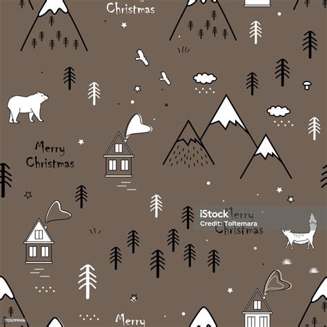 귀여운 원활한 스칸디나비아 패턴 곰 여우 집과 나무 텍스처 가로 개요 스타일에서입니다 벡터 크리스마스 인쇄 0명에 대한 스톡 벡터 아트 및 기타 이미지 Istock