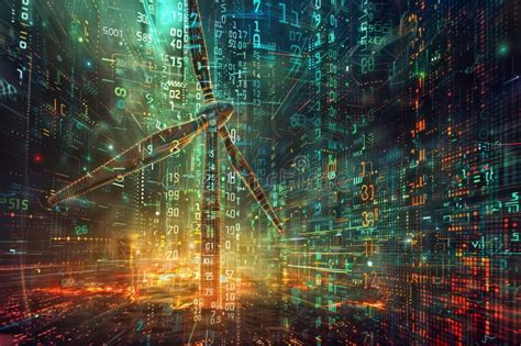 Futuristic Wind Turbine With Digital Data Streams And Cityscape