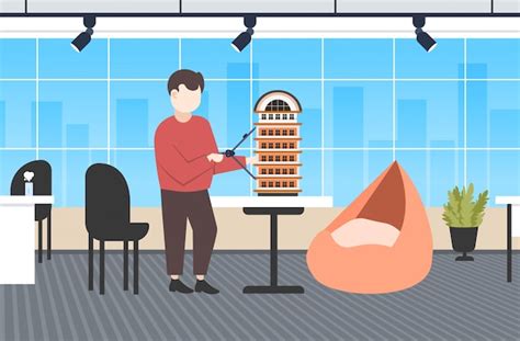 Premium Vector Man Architect Showing Drawing Building Blueprint On Easel Board To