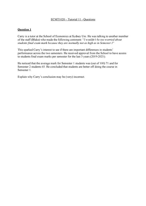 Tutorial 11 Questions Ecmt1020 Tutorial 11 Questions Question 1 Carry Is A Tutor At The