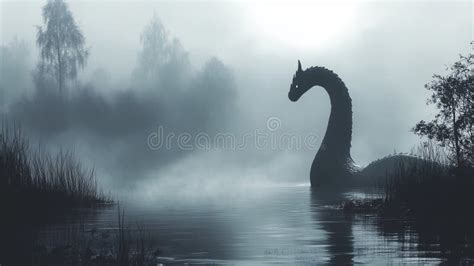 Loch Ness Monster In Foggy Lake For Scottish Folklore Illustration