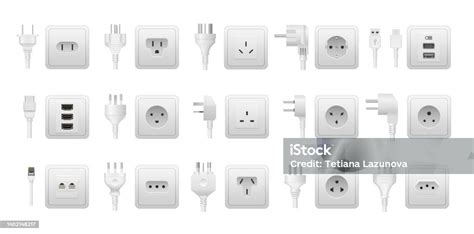 현실적인 소켓과 플러그 Ac 전원 커넥터 전기 장비의 미국 및 유럽 유형 벡터 다중 표준 소켓 및 플러그 분리 세트 전기 플러그에 대한 스톡 벡터 아트 및 기타 이미지