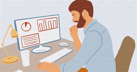 집이나 사무실에 혼자 앉아 데스크톱 컴퓨터로 작업을 하는 남자 플랫 만화 스타일의 다채로운 벡터 그림 사진 Unsplash의 프리랜서 작업 이미지