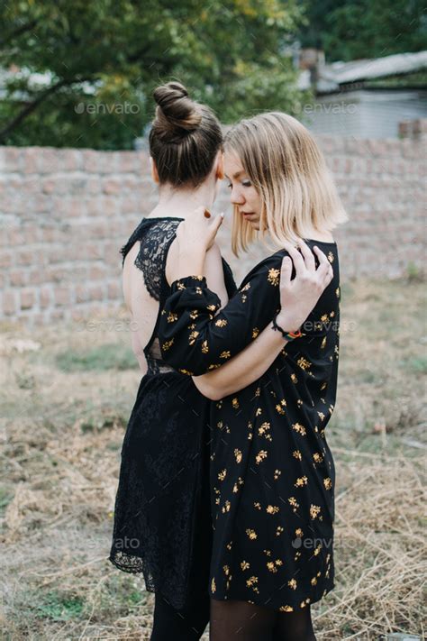 Lgbt Lesbian Couple Love Moments Concept Two Young Lesbians Girls