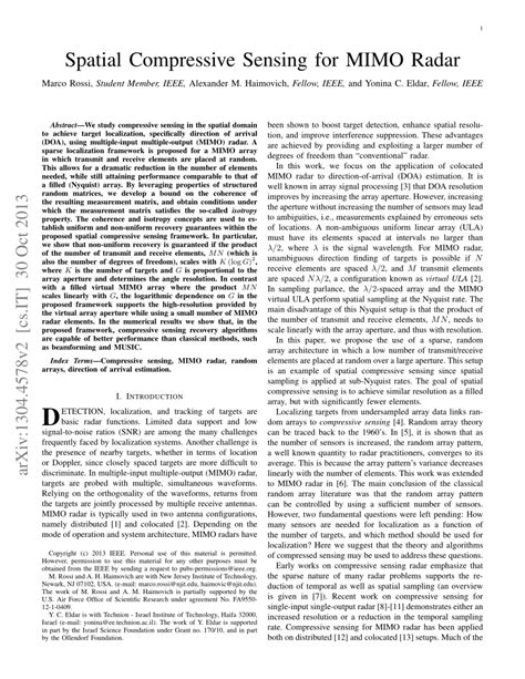 Pdf Spatial Compressive Sensing For Mimo Radar