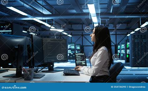 Engineer In Data Center Sitting Down At Desk Installing Software Stock Image Image Of Woman