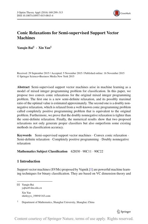 Conic Relaxations For Semi Supervised Support Vector Machines Request Pdf