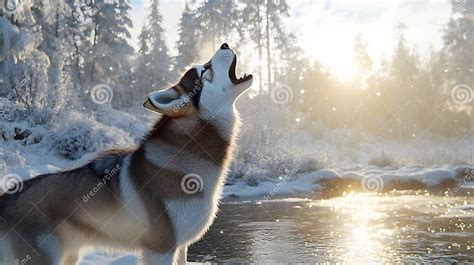 Realistic Photograph Of Husky Howling At Edge Of Snowy Landscape