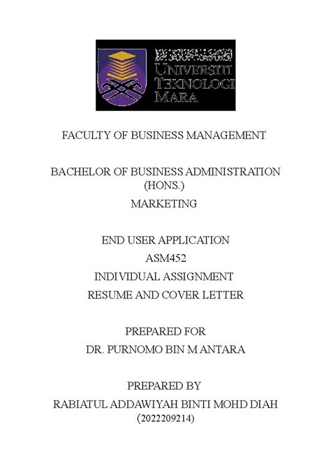 Assignment 1 Rabiatul Addawiyah Binti Mohd Diah Faculty Of Business Management Bachelor Of