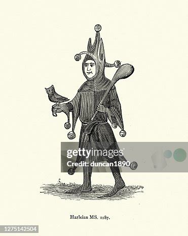 Medieval Fool Jester Holding An Owl Bells And Club High Res Vector