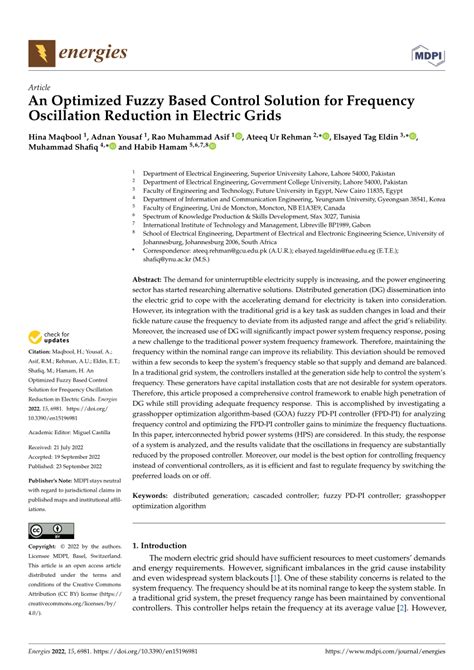 Pdf An Optimized Fuzzy Based Control Solution For Frequency Oscillation Reduction In Electric