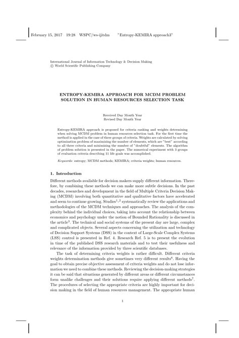 Pdf Entropy Kemira Approach For Mcdm Problem Solution In Human Resources Selection Task