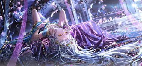Anime Anime Girls Silver Hair Yellow Eyes Lying Down Lying Face Up Lying On Back Long Hair