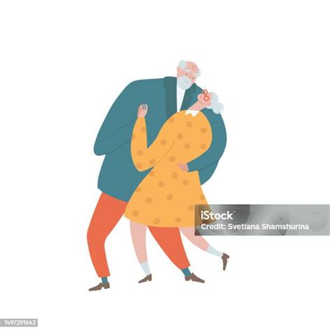 노인들은 함께 춤을 춥니다 늙은 남자와 여자가 복고풍 인기 있는 낭만적인 춤을 추고 있다 고립된 손으로 그린 평면 벡터