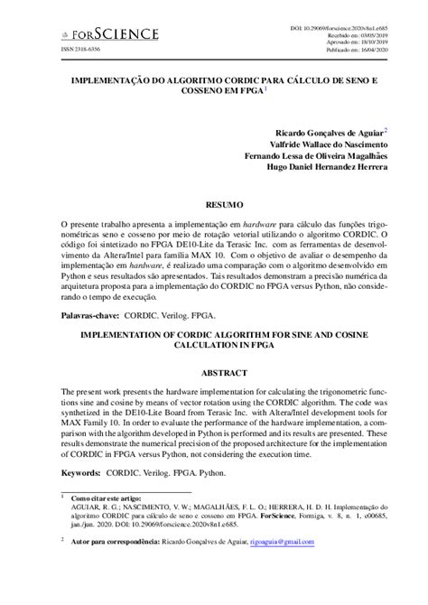 Pdf Implementação Do Algoritmo Cordic Para Cálculo De Seno E Cosseno
