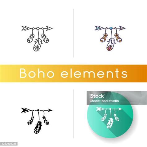 보헤미안 스타일 아이콘의 화살표와 깃털 아메리카 원주민 인디언 신비의 상징 보헤미안 빈티지 액세서리 민족 장식 리니어 블랙 및 Rgb 색상 스타일 격리된 벡터 그림 0명에