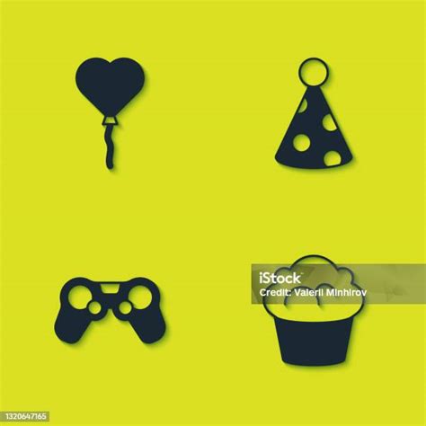 하트 머핀 게임 패드 및 파티 모자 아이콘의 형태로 풍선을 설정합니다 벡터 Brand Name Video Game에 대한 스톡 벡터 아트 및 기타 이미지 Brand