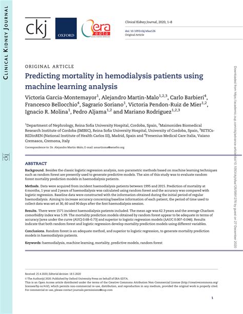 Pdf Predicting Mortality In Hemodialysis Patients Using Machine Learning Analysis