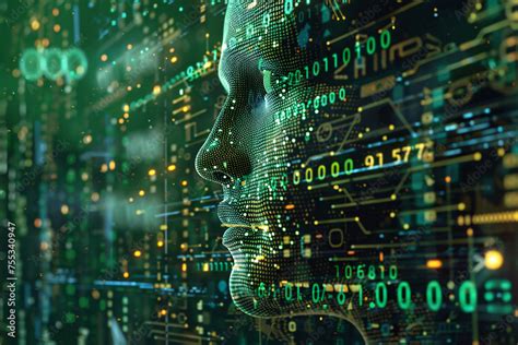 Abstract Concept Of A Digital Human Face Morphing Into Binary Code Set