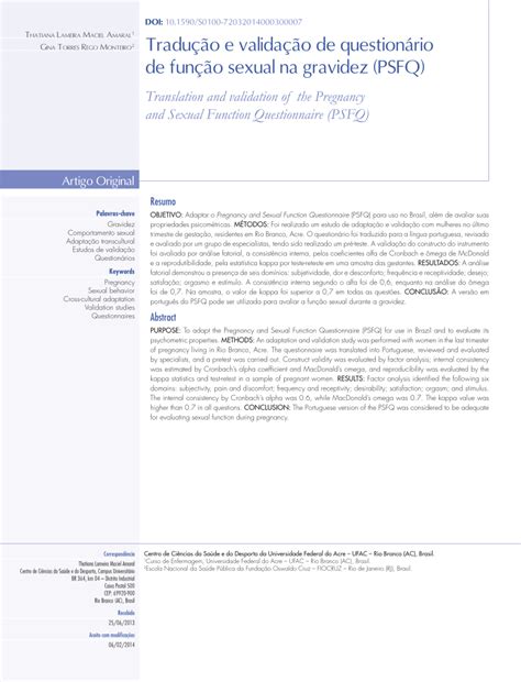 Pdf [translation And Validation Of The Pregnancy And Sexual Function Questionnaire Psfq ]