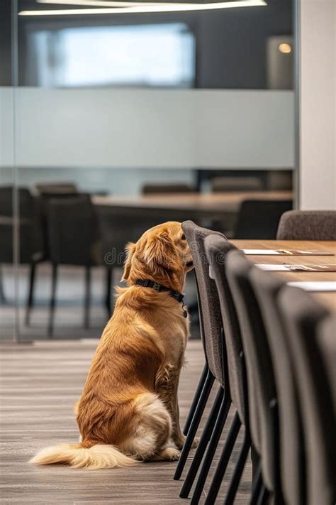 Dog Sitting Quietly In A Meeting Room While Employees Discuss Projects