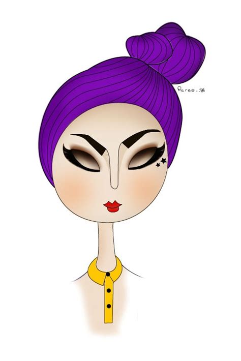 A Drawing Of A Woman With Purple Hair And Eyeshades Wearing A Yellow Shirt