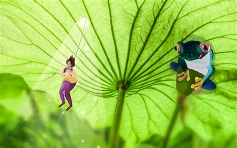 신선한 녹색 연꽃 잎 개구리 소녀 일러스트 레이션시사