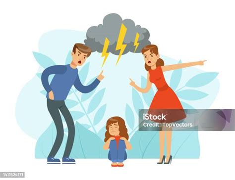 화가 난 남자와 여자 부모 슬픈 작은 딸과 함께 서로 논쟁하고 비명을 지르는 벡터 일러스트 레이 션 가족에 대한 스톡 벡터 아트 및 기타 이미지 Istock