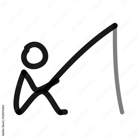Seated Stick Figure Fishing In Black And White Simple Line Art Doodle
