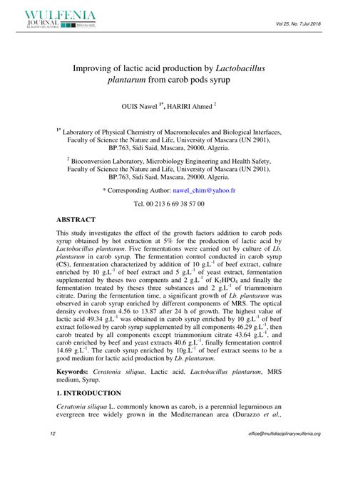Pdf Improving Of Lactic Acid Production By Lactobacillus Plantarum From Carob Pods Syrup