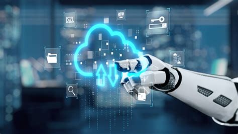 미래 지향적인 로봇 손은 현대 기술 환경에서 디지털 클라우드 스토리지 아이콘 및 기호와 상호 작용하여 데이터 교환 및 연결을 표시합니다 오바나 0명에 대한 스톡 사진 및