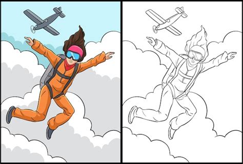 스카이 다이빙 색칠 페이지 컬러 일러스트 프리미엄 벡터