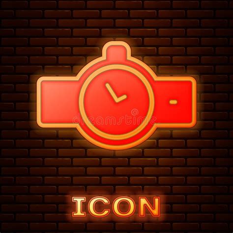 Glowing Neon Wrist Watch Icon Isolated On Brick Wall Background