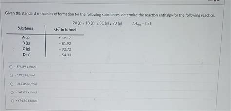 Solved Given The Standard Enthalpies Of Formation For The