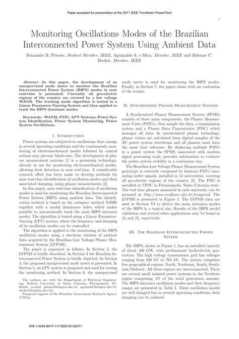 Pdf Monitoring Oscillations Modes Of The Brazilian Interconnected Power System Using Ambient Data