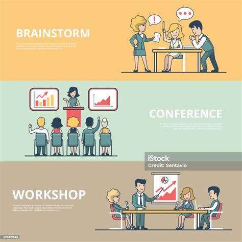 선형 평면 기업인 워크샵 회의 룸 브레인스토밍 개념 분석 회의 웹사이트 영웅 이미지의 설정 프레 젠 테이 션 테이블 작업 과정의 주위에 사업 팀 벡터 일러스트 레이 션