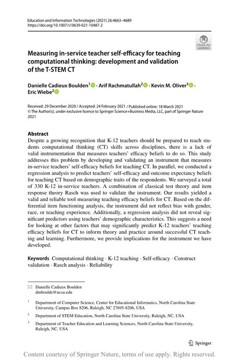 Measuring In Service Teacher Self Efficacy For Teaching Computational
