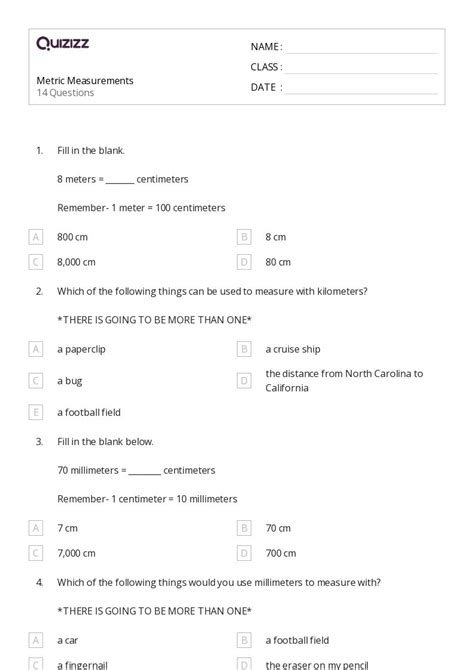 50 Metric Measurement Worksheets For 4th Class On Quizizz Free