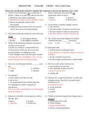 Section 004 Exam 1 Version A Key 1 Pdf BIOLOGY 1081 Section 004 Fall