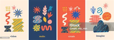 손으로 그린 순진하고 기괴한 추상 기하학적 포스터 전단지 및 배너 현대 현대 인물 다양한 유기적 모양 및 낙서 개체 벡터 그래픽 요소 기하 도형에 대한 스톡 벡터 아트 및