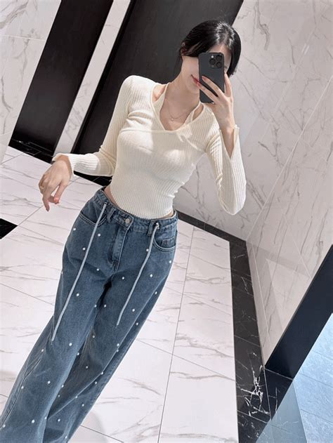 소장강추 와이드 진주 보석 펄 데님 팬츠 일자팬츠 와이드청바지 스트링 맥시핏 하이웨스트 로우라이즈 2colors 에이블리