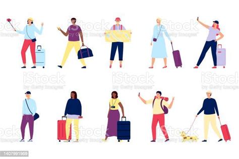 여행 사람들 배낭과 여행 가방을 가진 여행 사람 관광 Amd 휴가 행복한 여자와 남자는 여행을하고 셀카 전체 벡터 세트를하고 개체 그룹에 대한 스톡 벡터 아트 및 기타