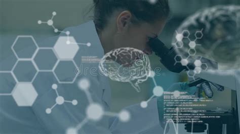 Animation Of Digital Brain Molecules And Data Processing Over Caucasian Scientist In Lab Stock