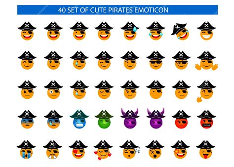 40 세트의 해적 만화 이모티콘 이모티콘 미소 화난 슬픈 외침 아픈 스마일 사랑 감기 행복한 프리미엄 벡터