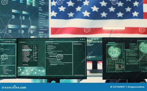 High Tech Cybersecurity Room With American Flag Shown On Big Screen Stock Image Image Of Room