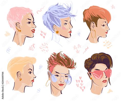 Vector Set Of Hand Drawn Young Beautiful Ladies With Modern Pixie Cut