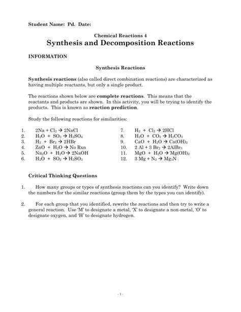 Synthesis And Decomposition Reactions Worksheet