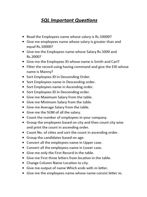 Sql Important Questions Pdf Table Database Sql