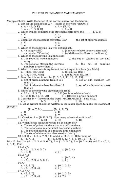 Pre Test Math7 Q1 Test Questions Pre Test In Enhanced Mathematics 7