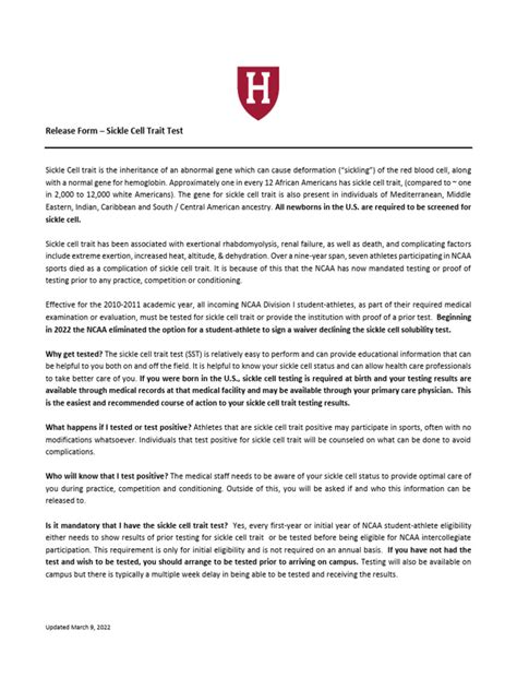 Sickle Cell Trait Test Release Form Pdf Diseases And Disorders Medical Specialties